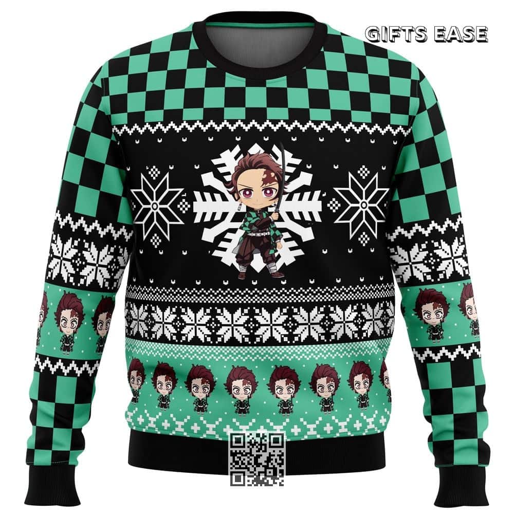 Chibi Tanjiro Kamado Demon Slayer Ugly Christmas Sweater Snowflake ...